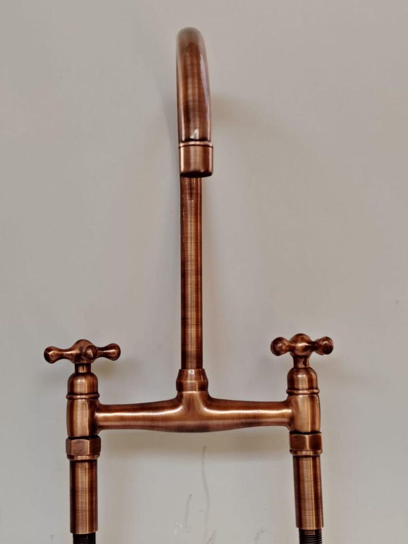 Decorated Copper Bridge Faucet – Handmade Double Handle Kitchen Tap ...