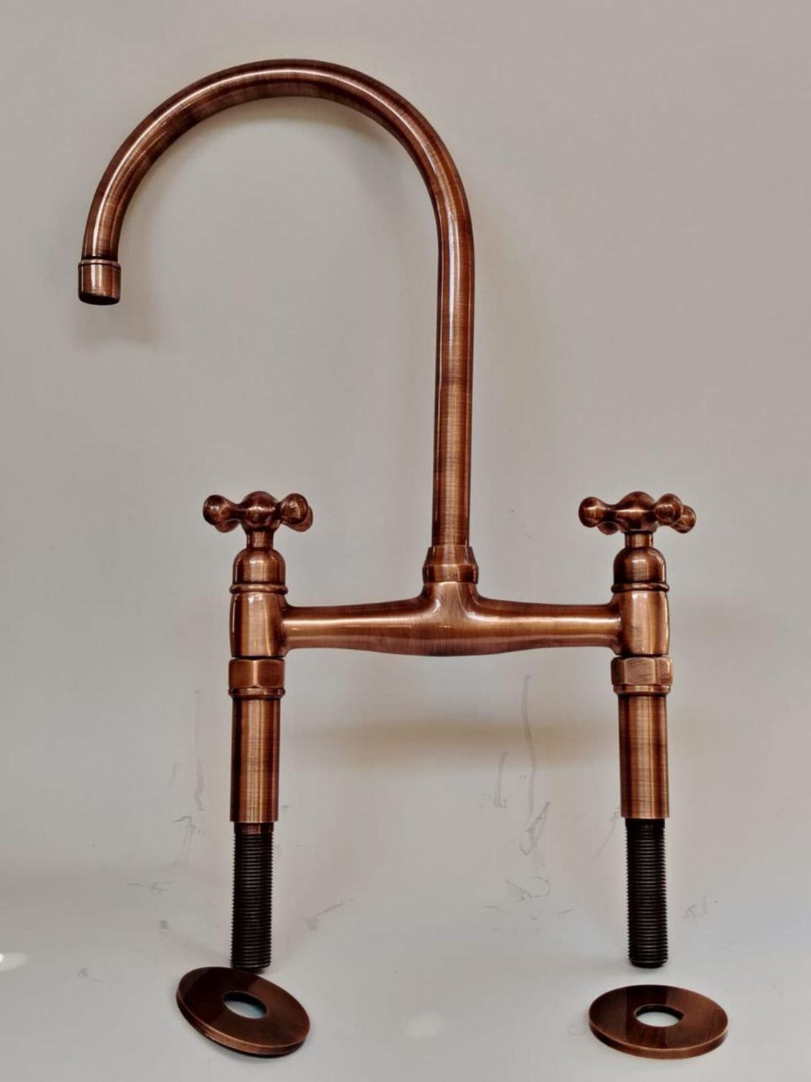 Decorated Copper Bridge Faucet – Handmade Double Handle Kitchen Tap ...