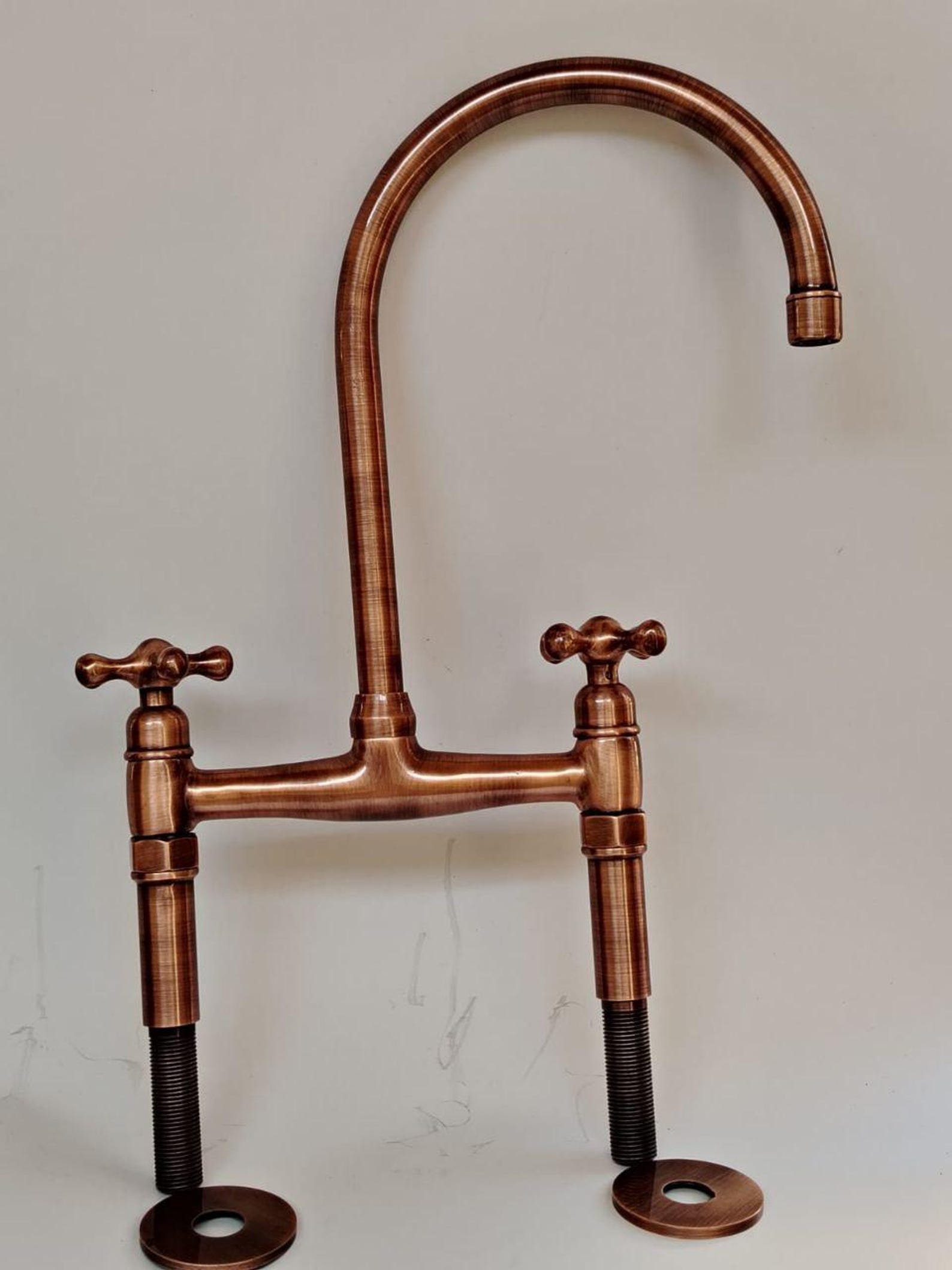 Decorated Copper Bridge Faucet – Handmade Double Handle Kitchen Tap ...