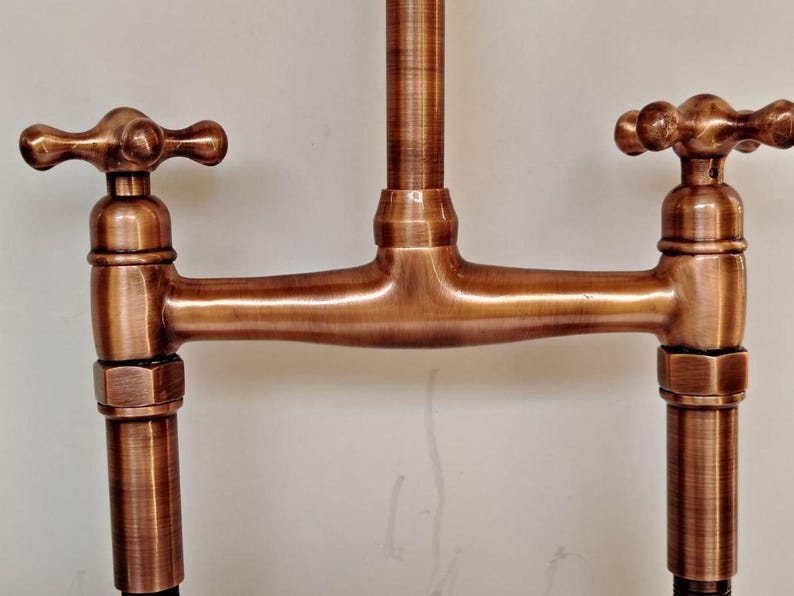 Decorated Copper Bridge Faucet – Handmade Double Handle Kitchen Tap ...
