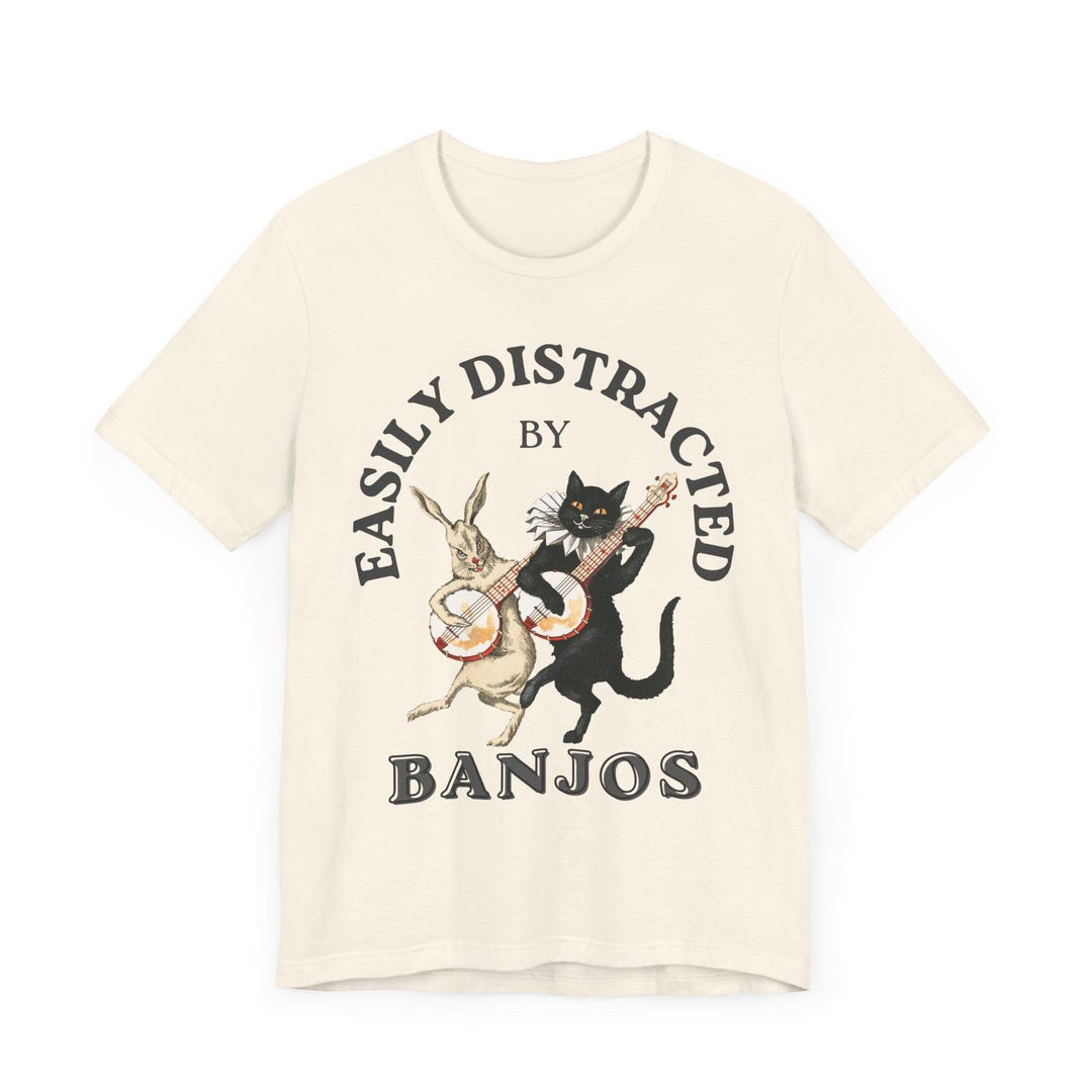 Cat and Rabbit Playing Banjo T-shirt, Vintage Style Banjo Short Sleeve ...