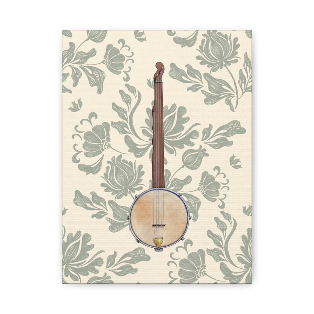 Canvas Art 9"x12", Vintage Banjo on Floral Background, Wall Decor Print ...