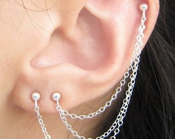 Sterling Silver Triple Pierced Crescent Moon for Cartilage Double Chain ...