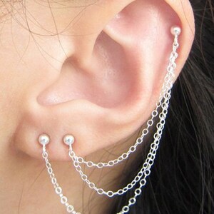 Sterling Silver Single & Double Chain Triple Piercing Earring - Etsy