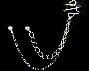 Sterling Silver Long Branched Chain Double Piercing Cuff | Etsy