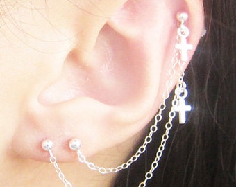 Sterling Silver Single & Double Chain Triple Piercing Earring | Etsy