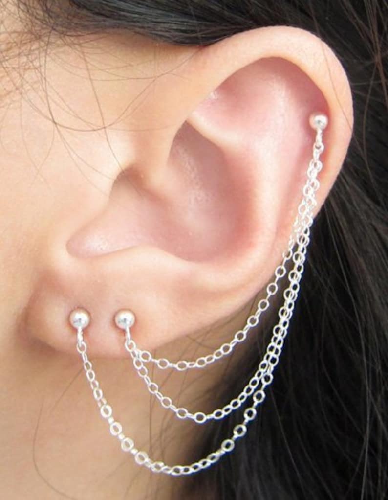 Sterling Silver Single & Double Chain Triple Piercing Earring - Etsy
