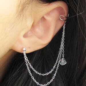 Sterling Silver Crystal Dangle Long Double Chain Cuff Earring - Etsy