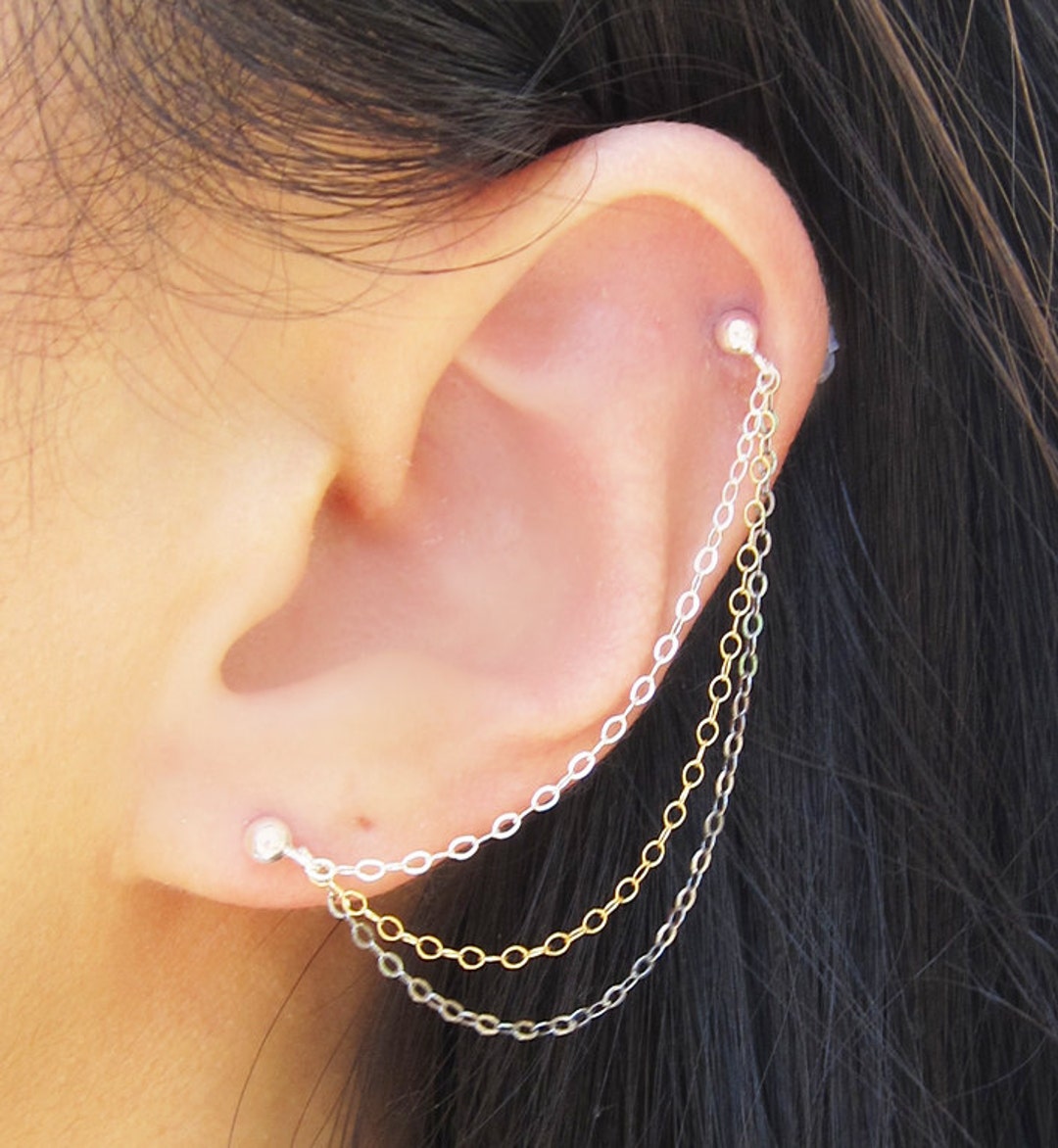 Sterling Silver, Gold Filled, Oxidized Triple Chain Cartilage Double ...