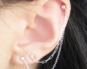 Sterling Silver Single & Double Chain Triple Piercing Earring | Etsy