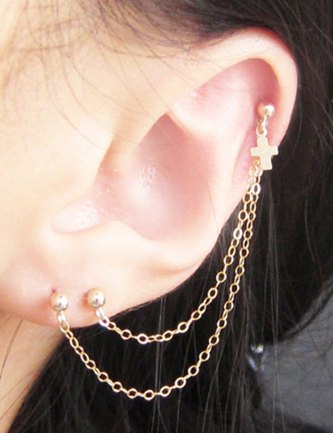 Gold Filled Small Cross Cartilage Triple Piercing Earring - Etsy