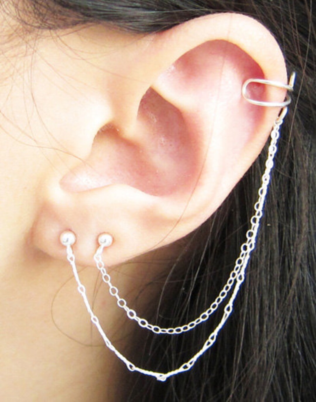 Sterling Silver Long Branched Chain Double Piercing Cuff - Etsy