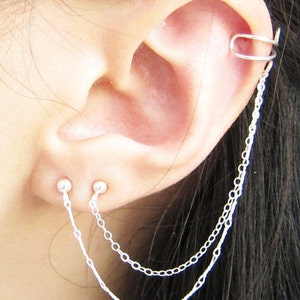 Sterling Silver Long Branched Chain Double Piercing Cuff - Etsy