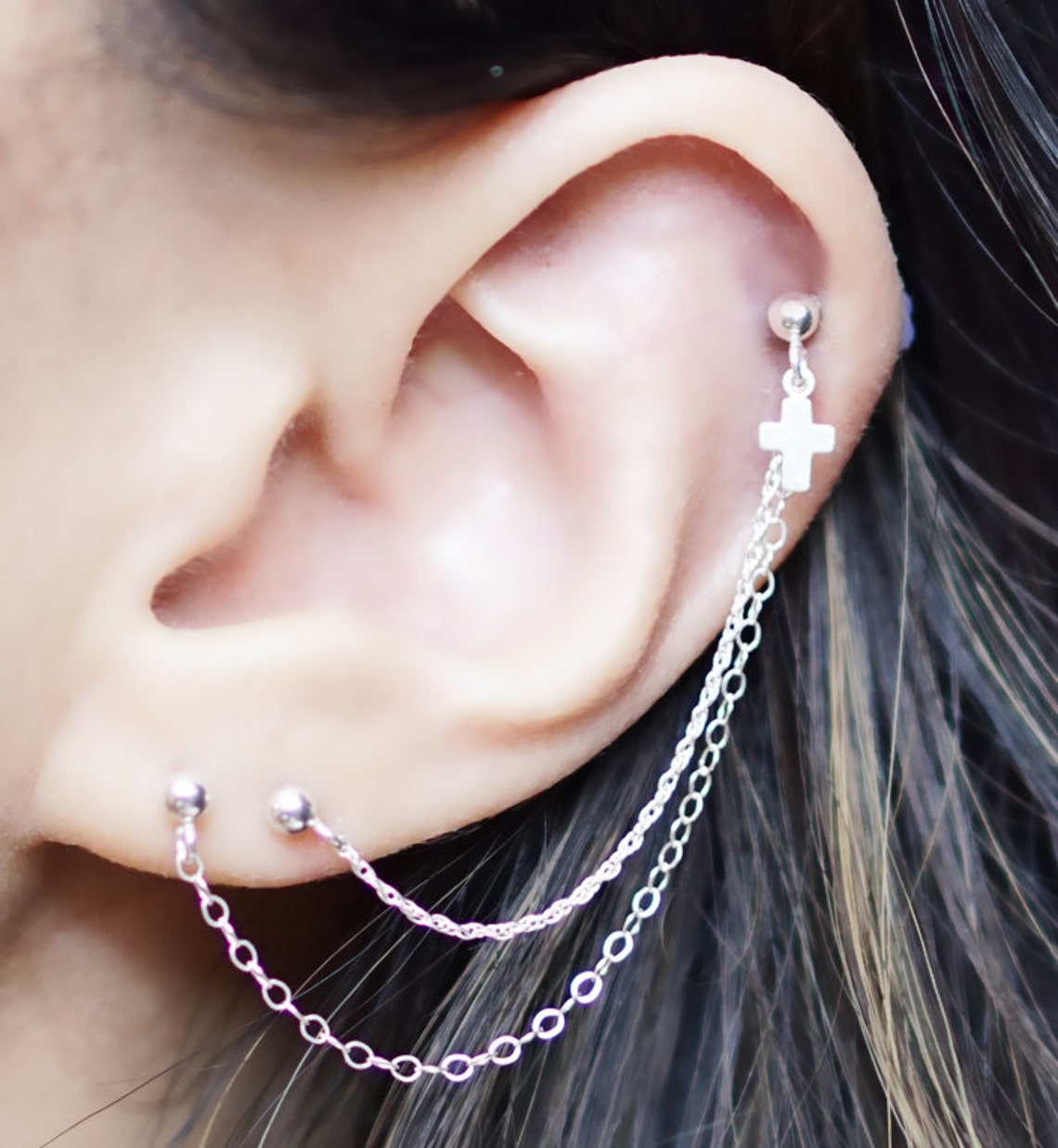 Sterling Silver Single Cross Triple Piercing - Etsy