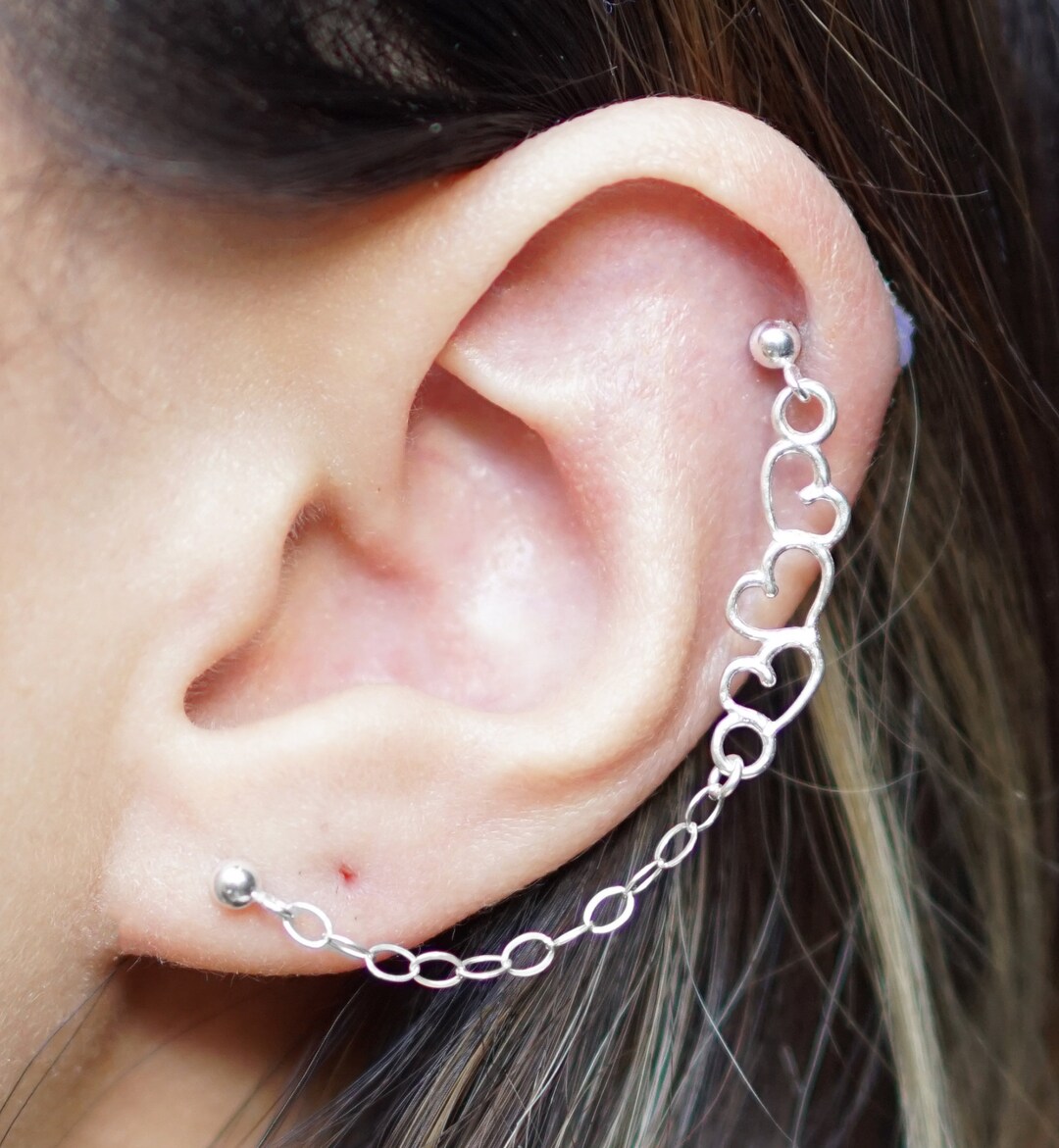 Sterling Silver Three Heart Charm Cartilage Double Piercing Earring - Etsy