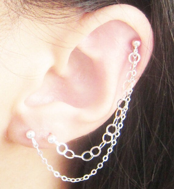 Sterling Silver Small & Large Chains Triple Piercing | Etsy