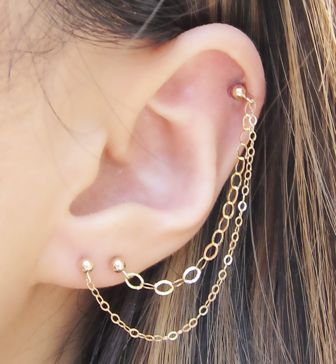 Gold Filled Small and Large Chains Cartilage Triple Piercing | Etsy