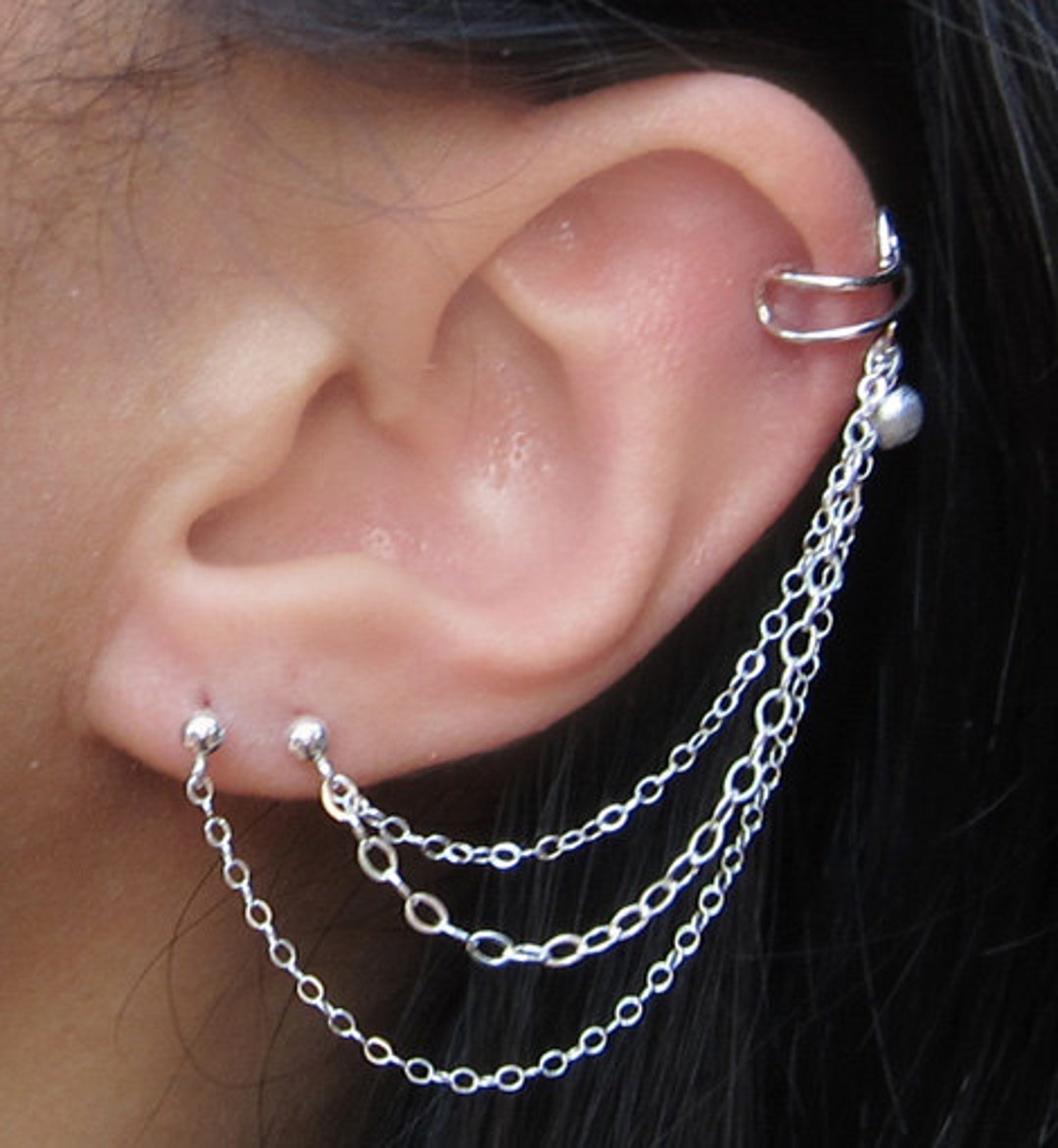 Sterling Silver Single & Double Chain Stardust Double Piercing Cuff ...