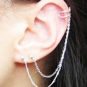 Sterling Silver Long Branched Chain Double Piercing Cuff - Etsy