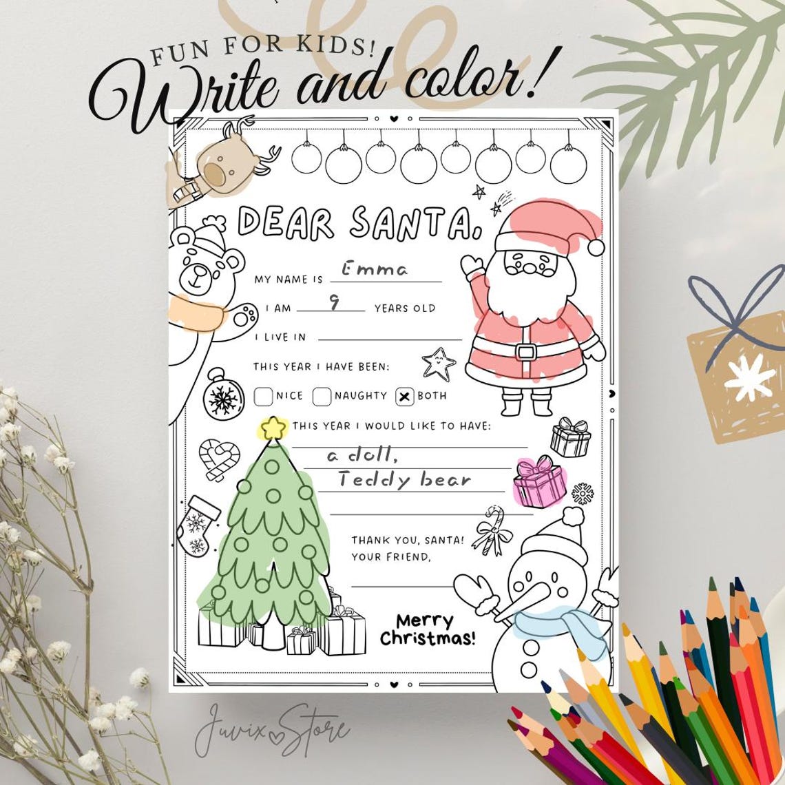 Children's Letter to Santa Coloring Page PDF Printable Christmas ...