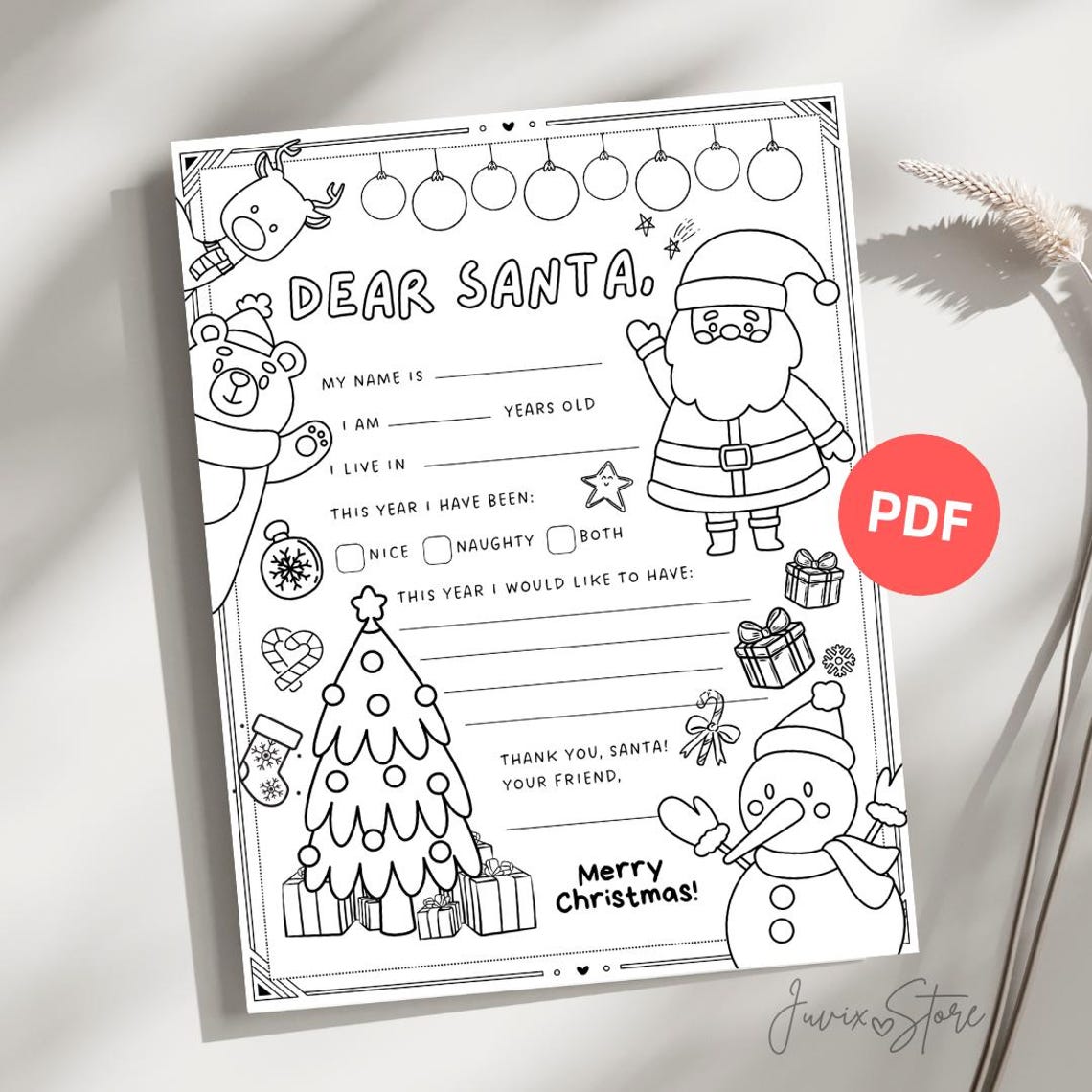 Children's Letter to Santa Coloring Page | PDF Printable Christmas ...