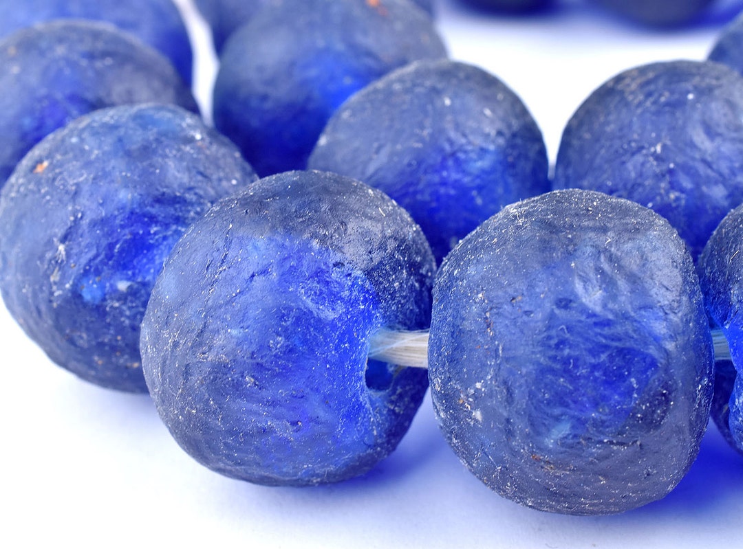 24 Super Jumbo Blue Recycled Glass Beads: Translucent Eco-friendly ...