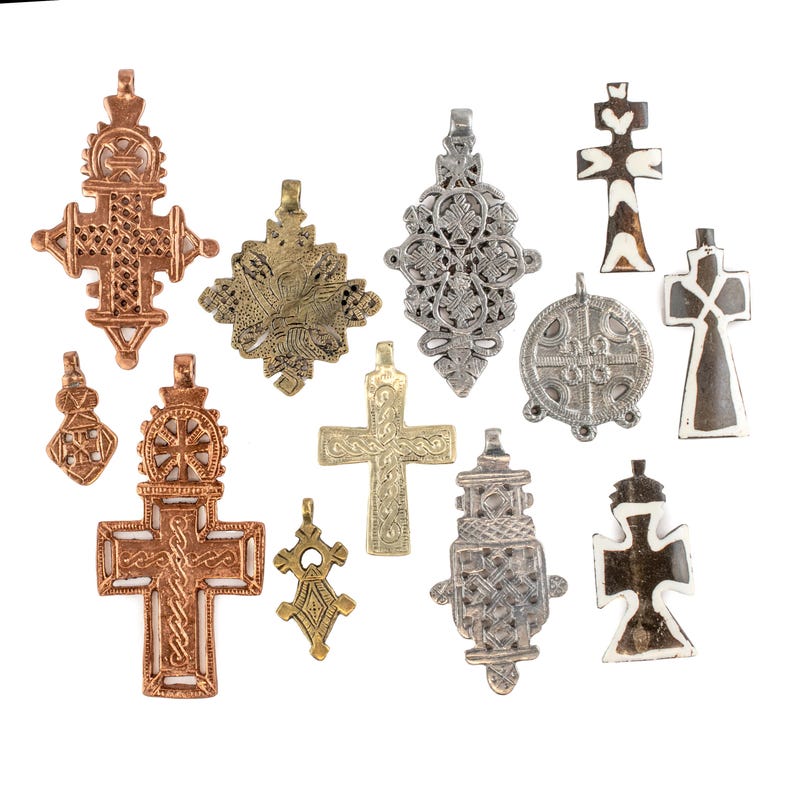 African Cross Pendant Set: Brass, Copper, Silver & Batik Bone Variety ...