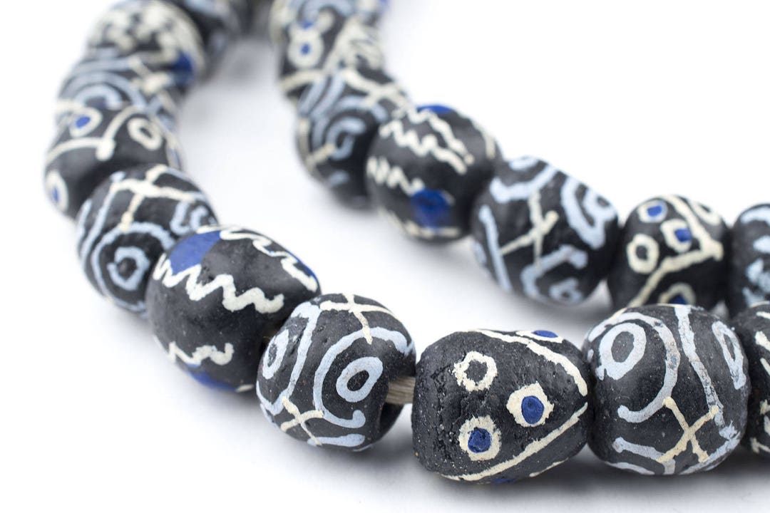 52 Black Tribal Medley Krobo Beads: Large Ghanaian Beads Powdered Glass ...