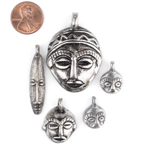5 Pendant Pack: African Silver Masks, Ghana Designer Pendants Charms ...