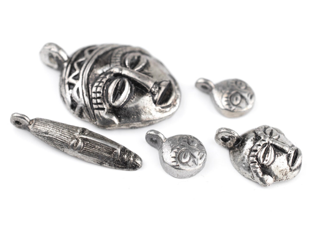 5 Pendant Pack: African Silver Masks, Ghana Designer Pendants Charms ...