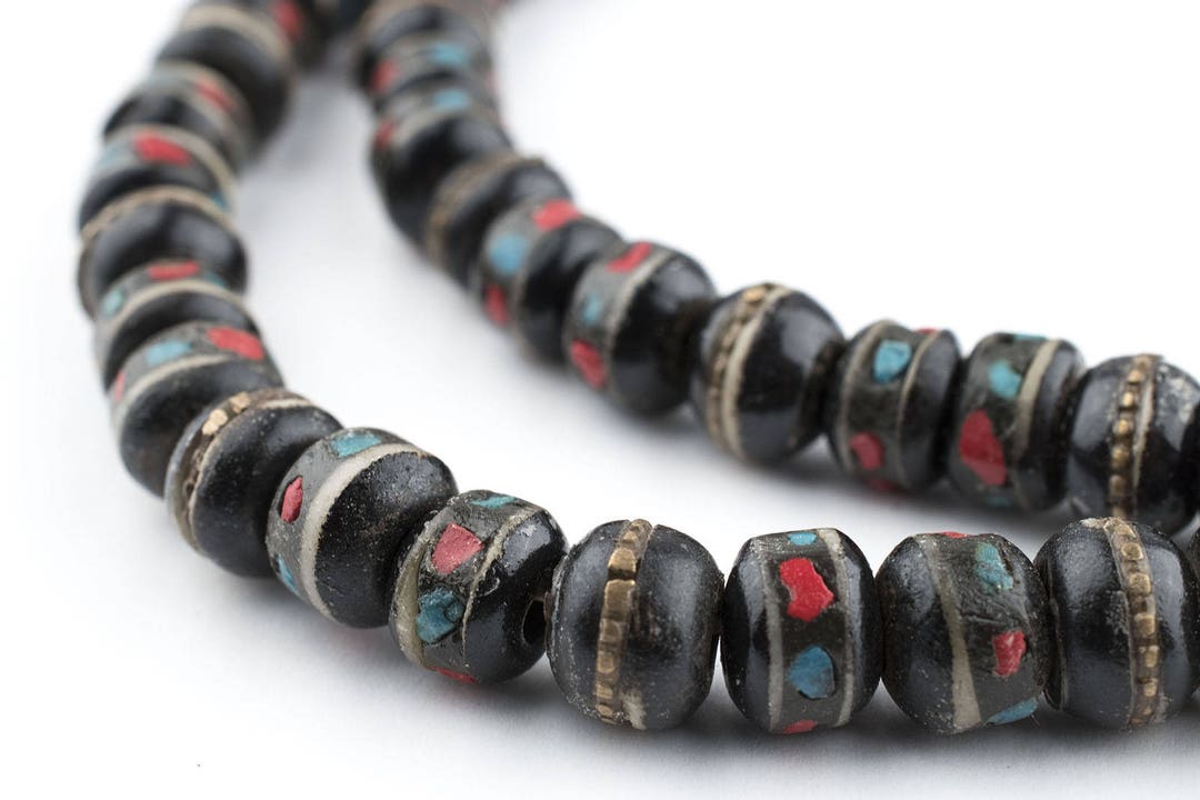 108 Black Inlaid Bone Mala Beads: Yoga Meditation Mala Strand Large ...