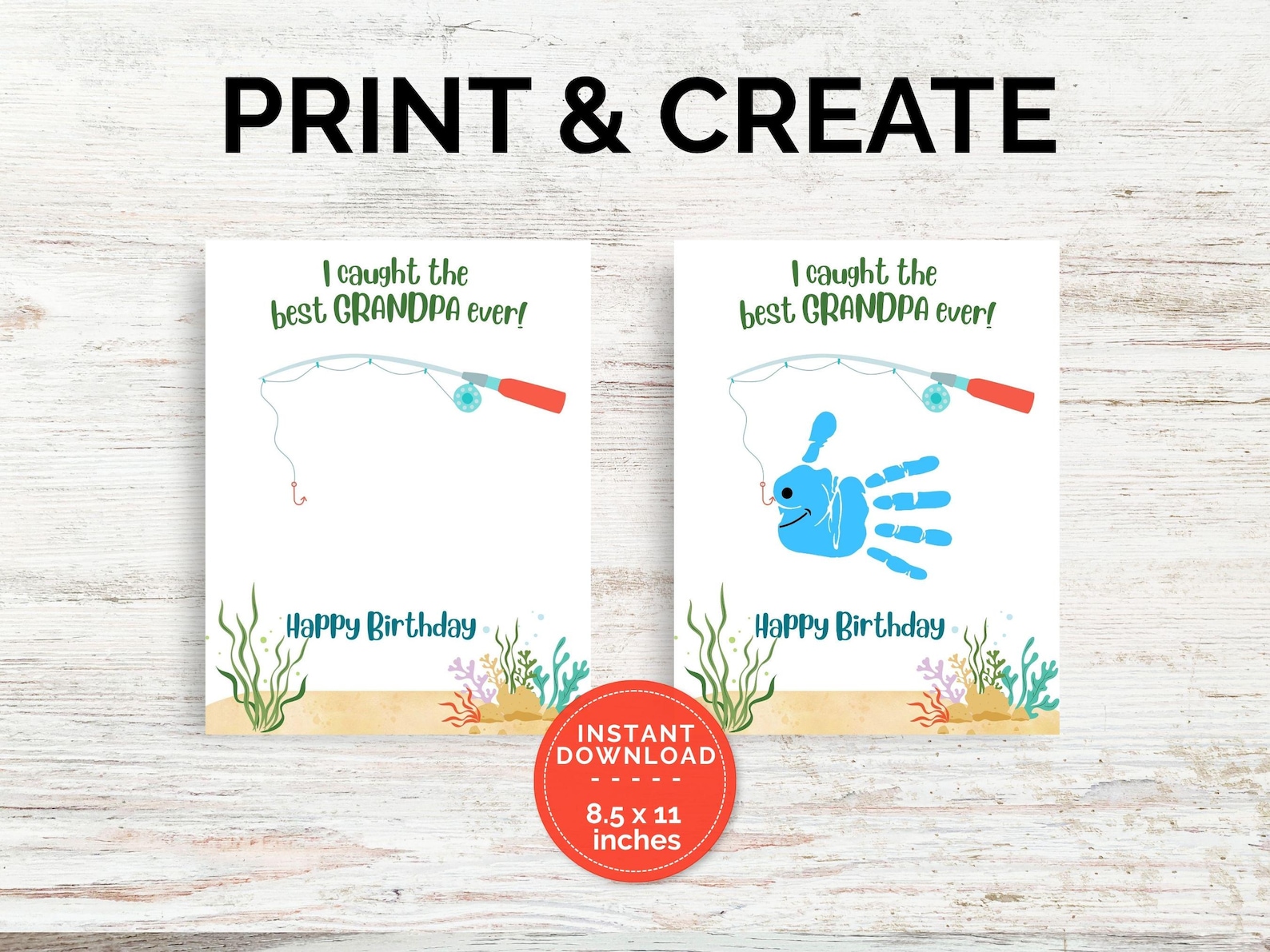 Grandpa Fish Handprint Art Printable Happy Birthday Card I Caught the ...