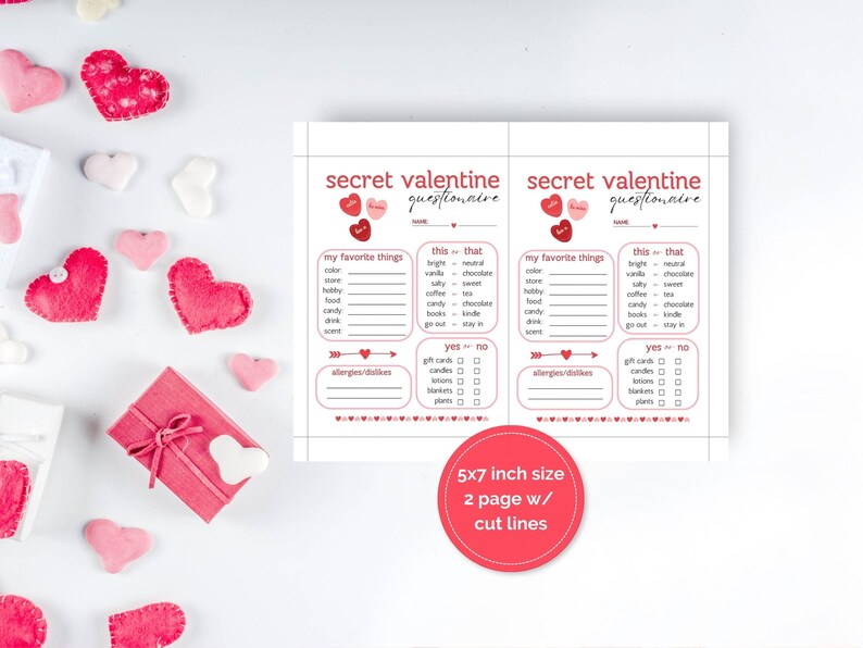 Secret Valentine Questionnaire, Printable Template Kit, Valentines Gift ...