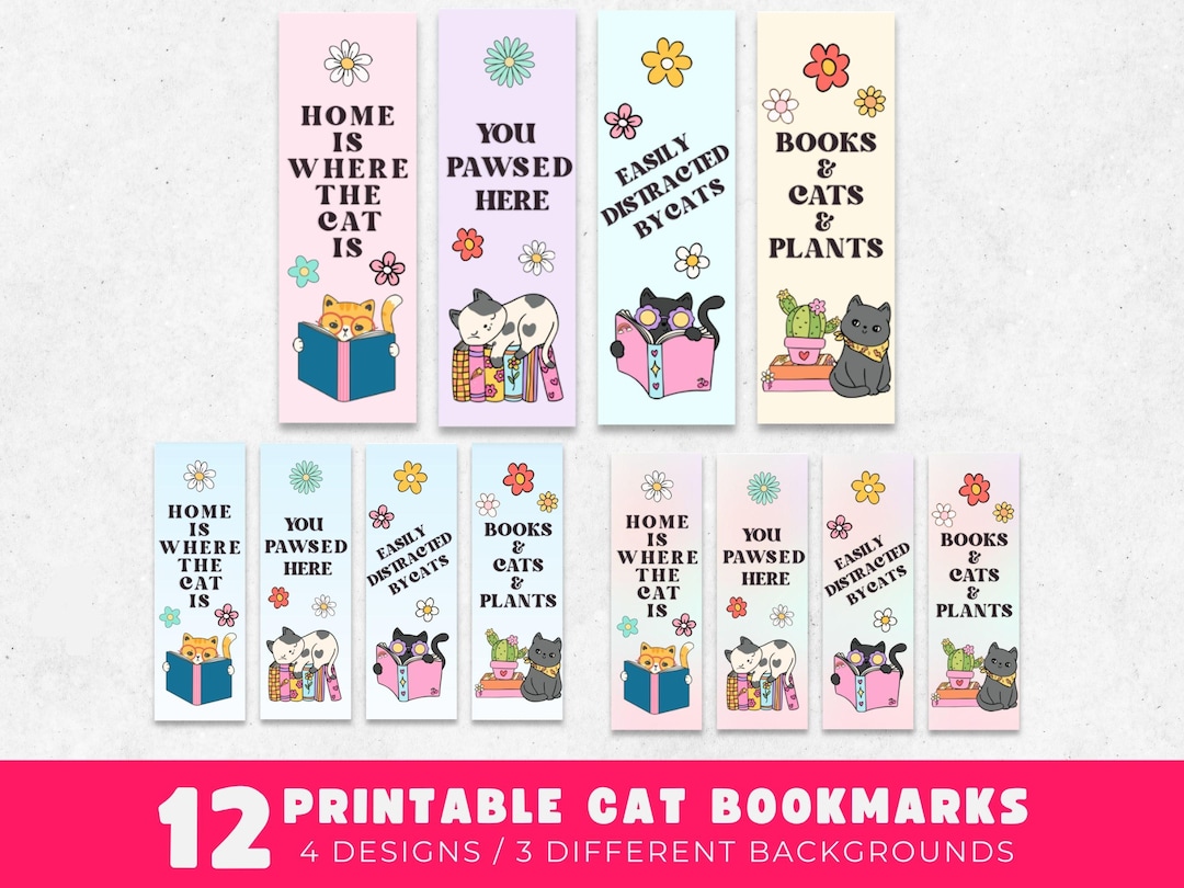 Cat Themed Printable Bookmarks, Printable Bookmarks for Cat Lover and ...
