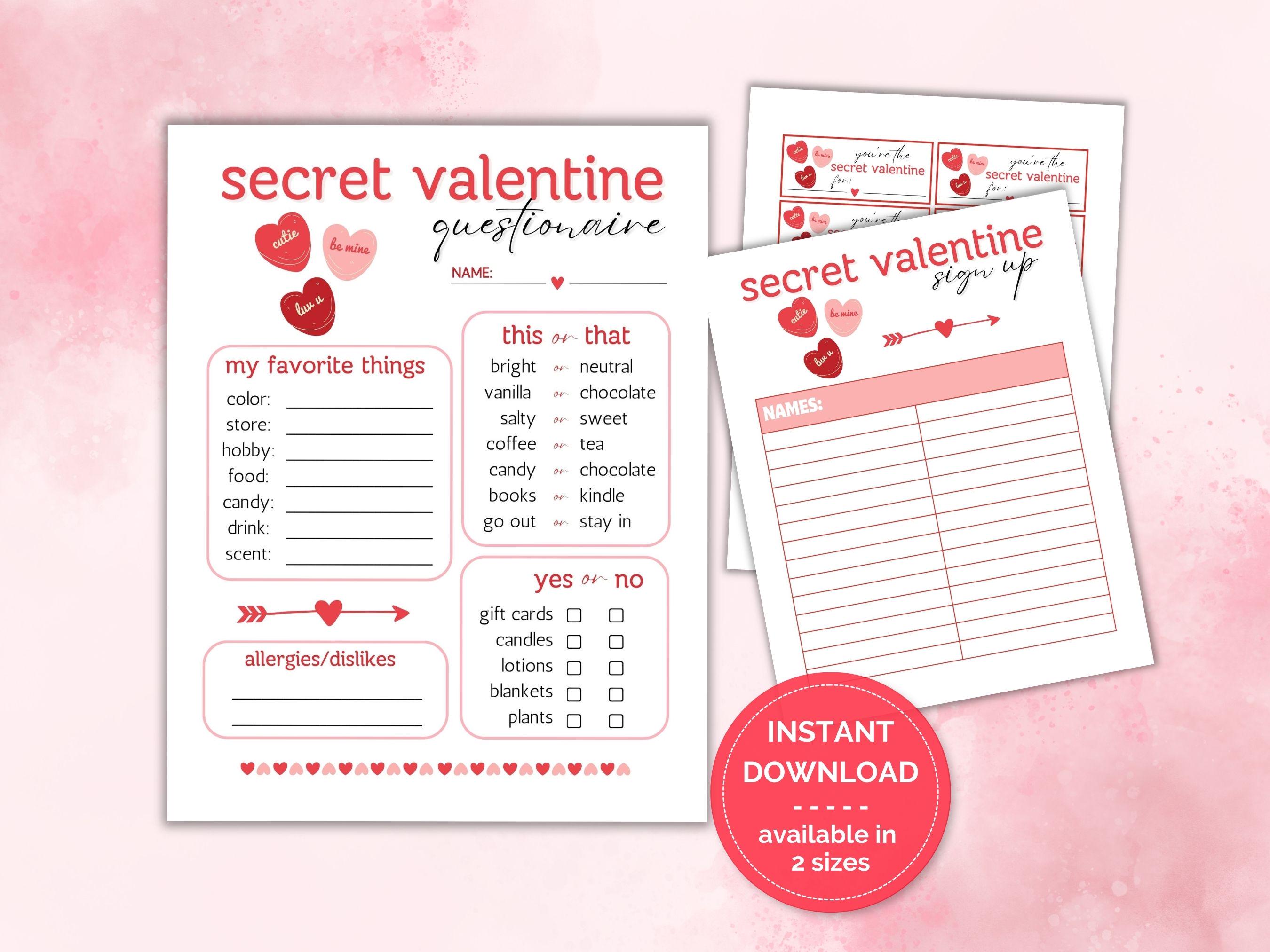 Secret Valentine Questionnaire, Printable Template Kit, Valentines Gift ...
