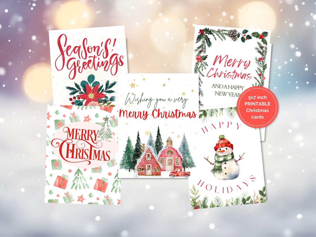 Set of 5 Printable Christmas Cards, DIY Digital Download, 5x7 Holiday ...