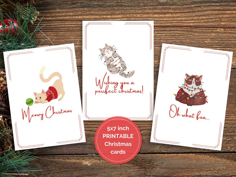 Printable Christmas Cat Themed Card Bundle, Cat Lover, Holiday Greeting ...