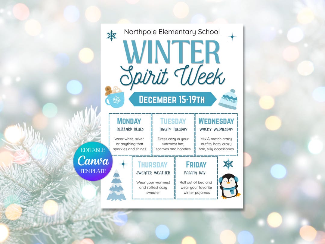 Winter Spirit Week Editable Template, Holiday Spirit Week Flyer, Winter ...