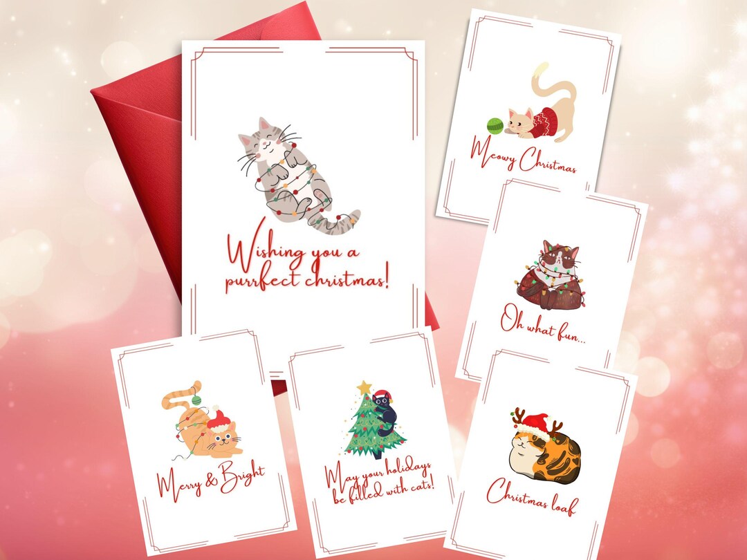 Printable Christmas Cat Themed Card Bundle, Cat Lover, Holiday Greeting ...
