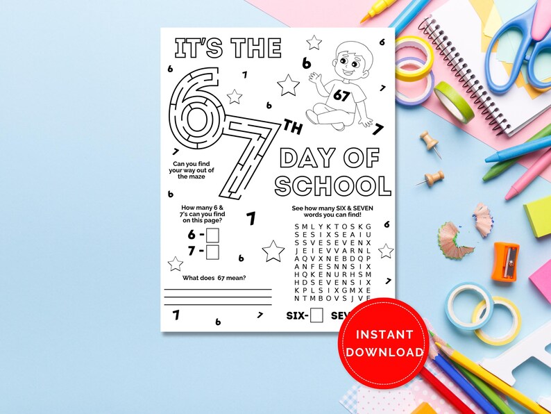 67th Day of School Activity Sheet Printable, 6 7 Printable for School ...