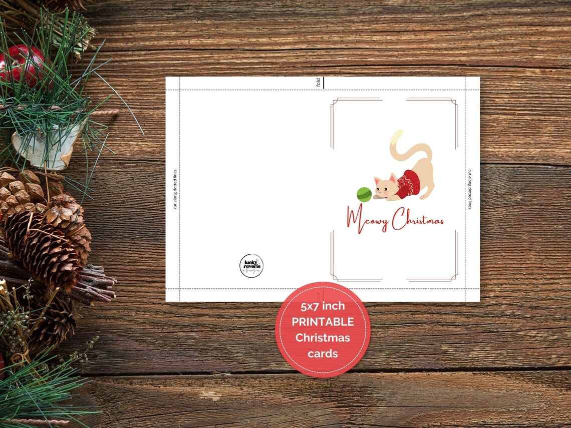Printable Christmas Cat Themed Card Bundle, Cat Lover, Holiday Greeting ...