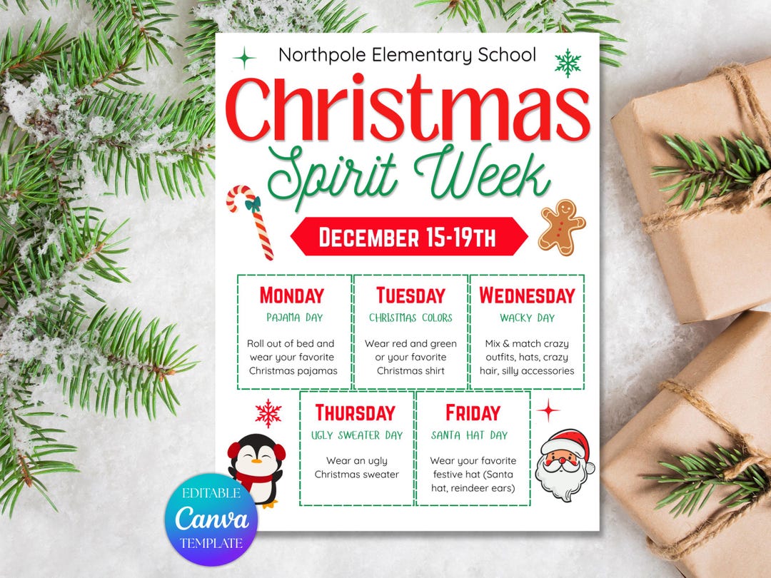 Christmas Spirit Week Editable Template, Holiday Spirit Week Flyer ...