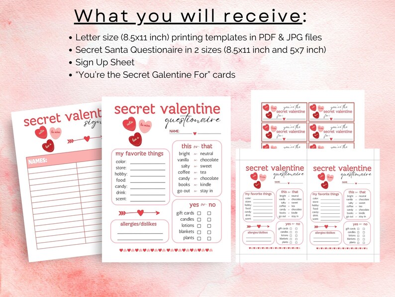 Secret Valentine Questionnaire, Printable Template Kit, Valentines Gift ...