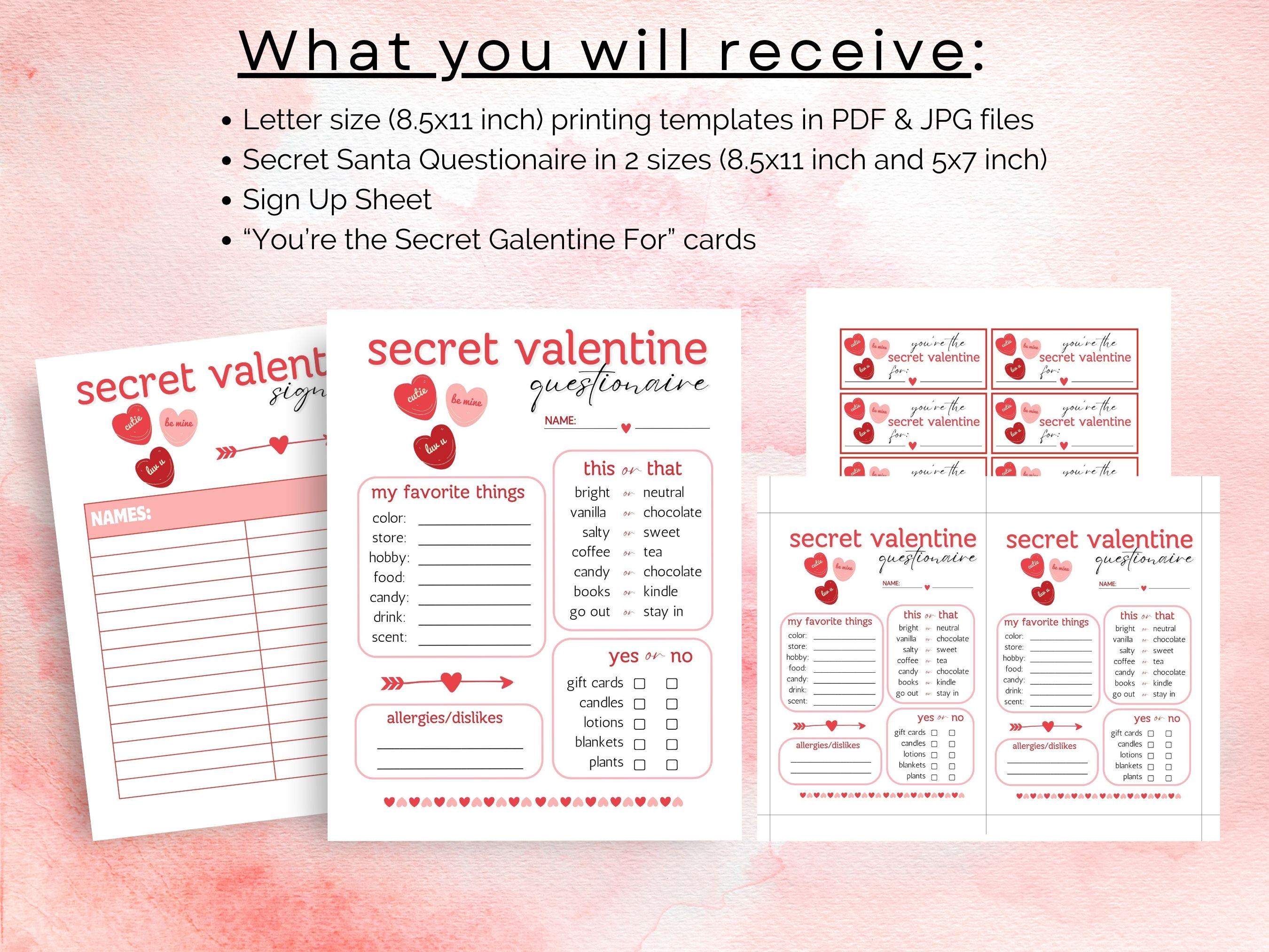 Secret Valentine Questionnaire, Printable Template Kit, Valentines Gift ...