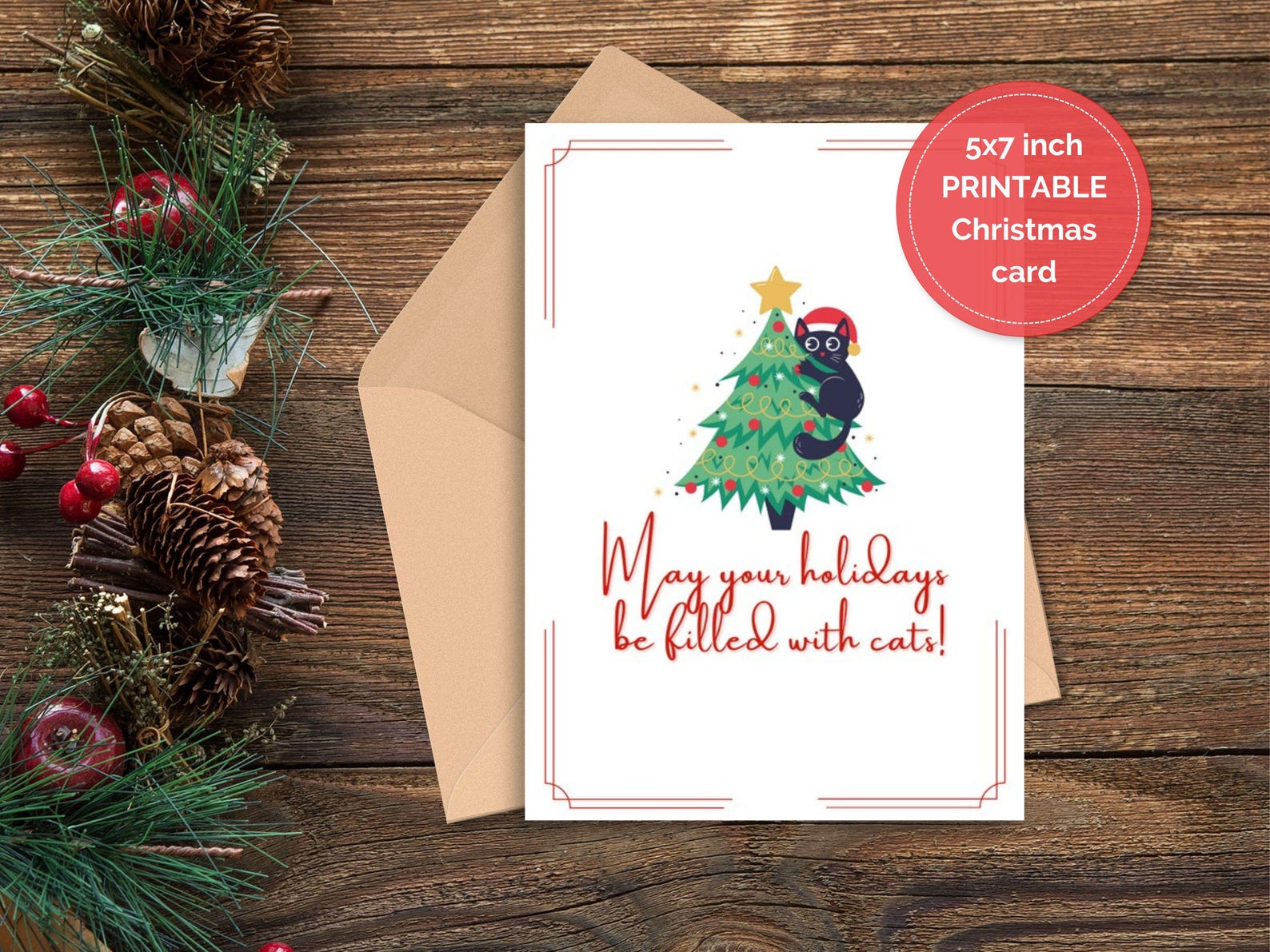 Printable Christmas Cat Themed Card Bundle, Cat Lover, Holiday Greeting ...