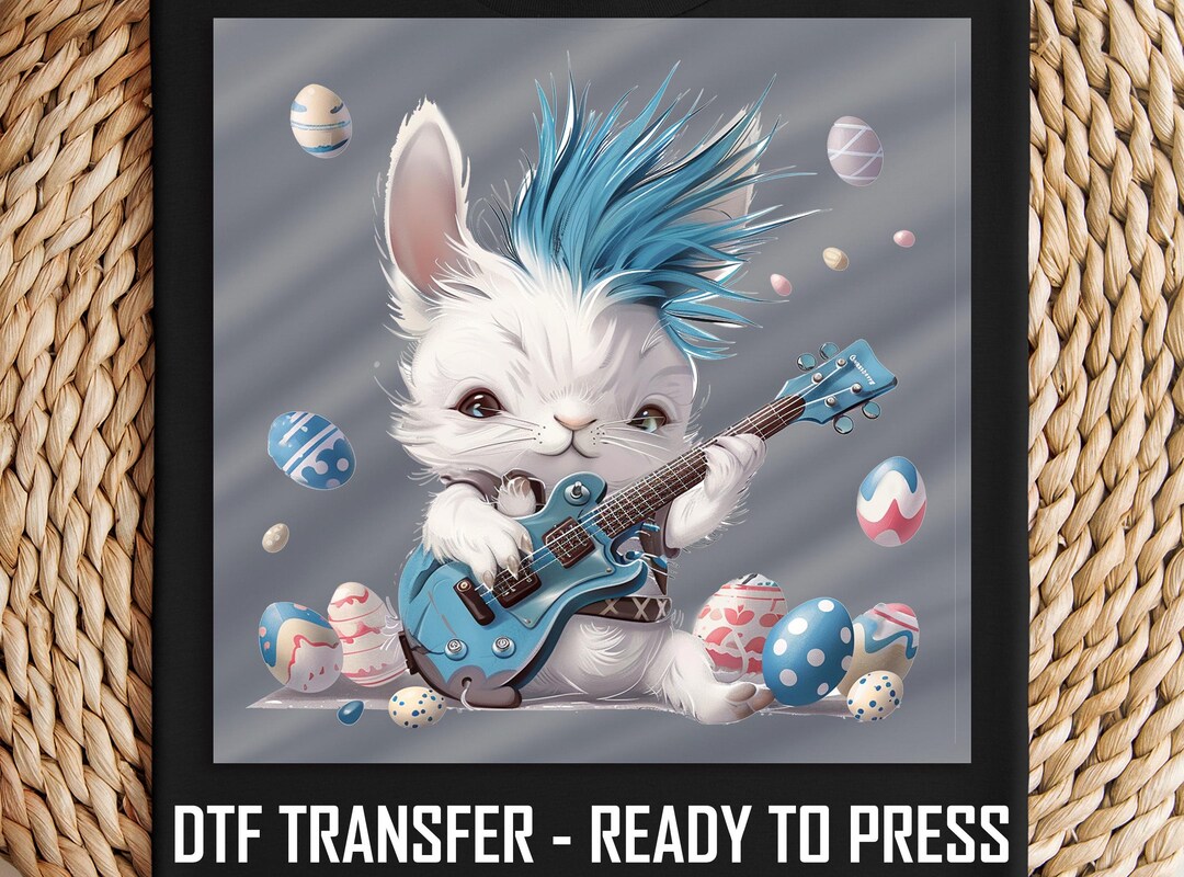 Rock Bunny DTF Transfer, Cool Punk Easter Rabbit With Guitar, Blue ...
