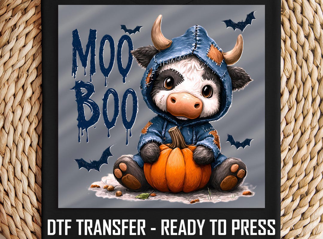 Moo Boo Cow Halloween DTF Transfer, Cute Cow Pumpkin Bat Spooky Design ...