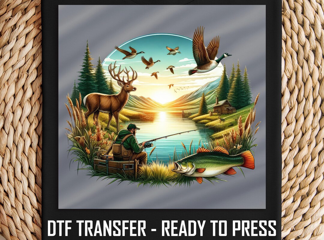 DTF Transfer Fishing and Hunting Nature Scene, Rustic Cabin by the Lake ...