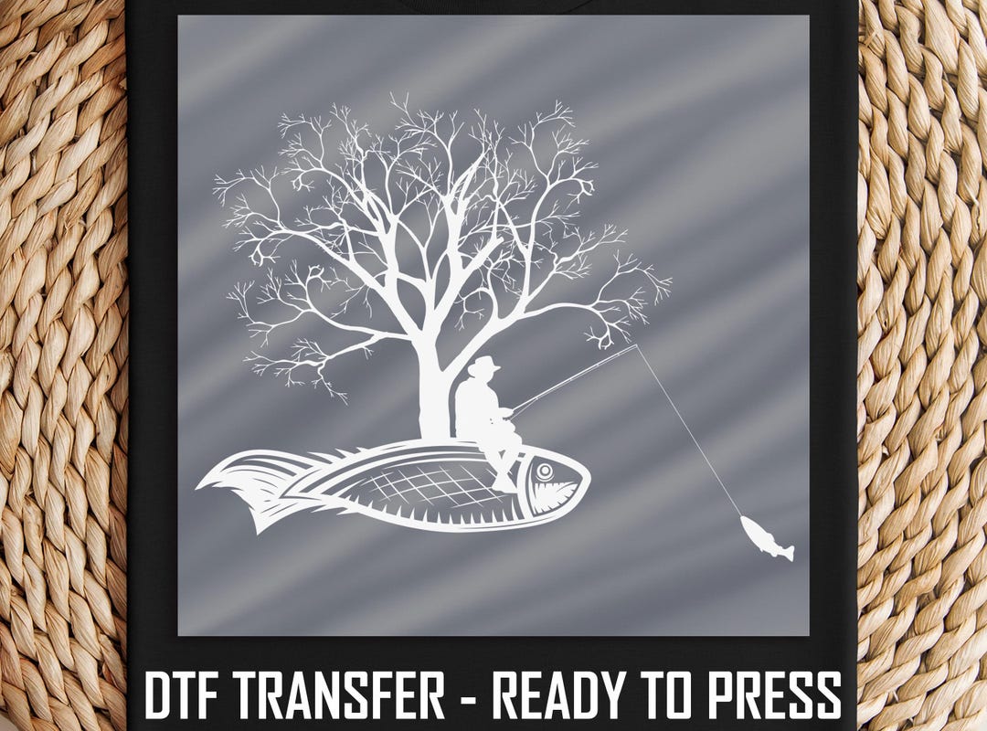 Fishing Silhouette DTF Transfer, Tree and Fish Boat Design, Ready to ...