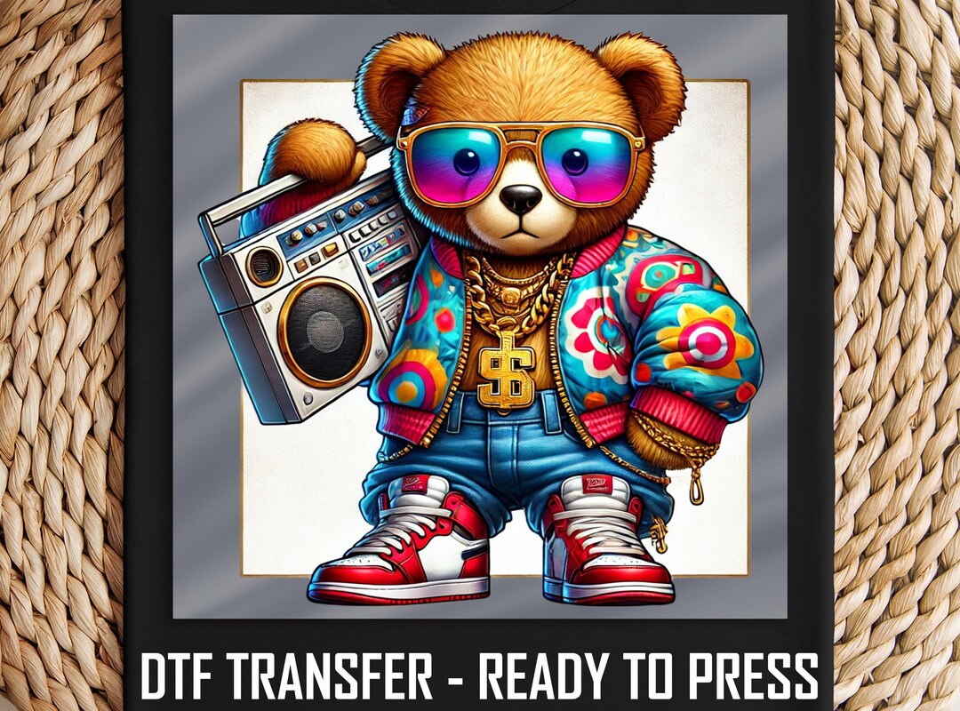 Retro Hip Hop Bear DTF Transfer, Cool Teddy With Boombox and Gold ...